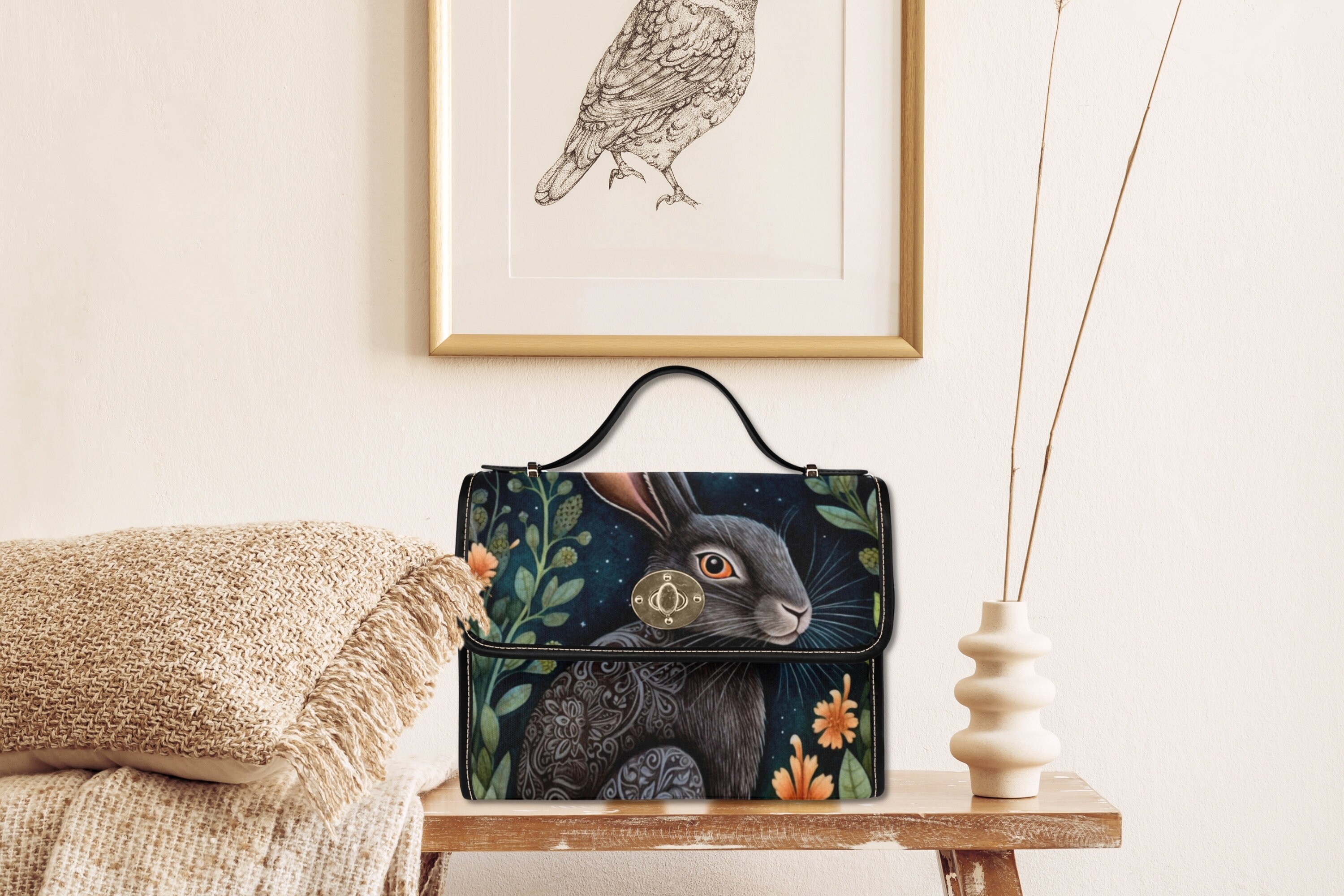 Midnight Hare Dark Cottagecore Canvas Satchel Bag, Black Hare Bag, Top ...