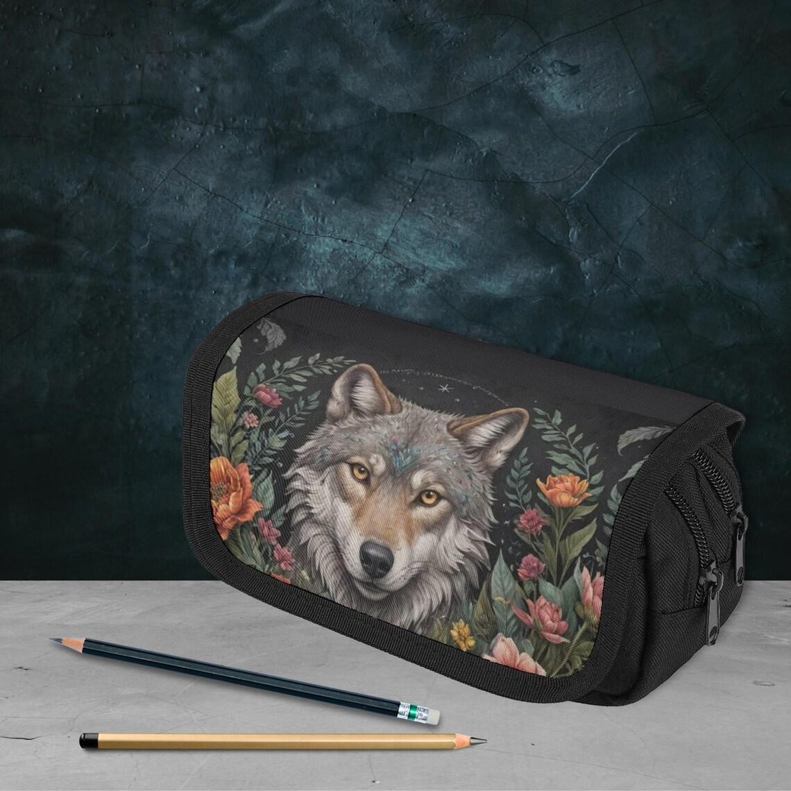 Grey Wolf Floral Stationary Pencil Pouch, Wolf Pencil Case, Nature ...