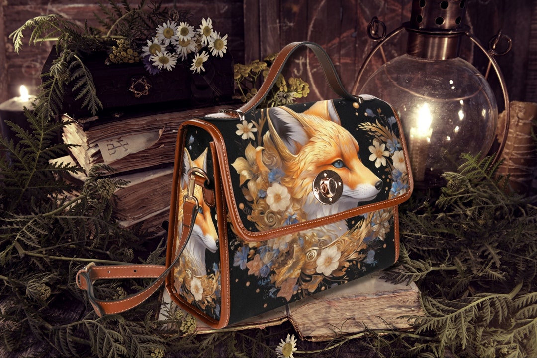 Mystical Fox Floral Retro Satchel Handbag, Forest Cottagecore Fox Bag ...