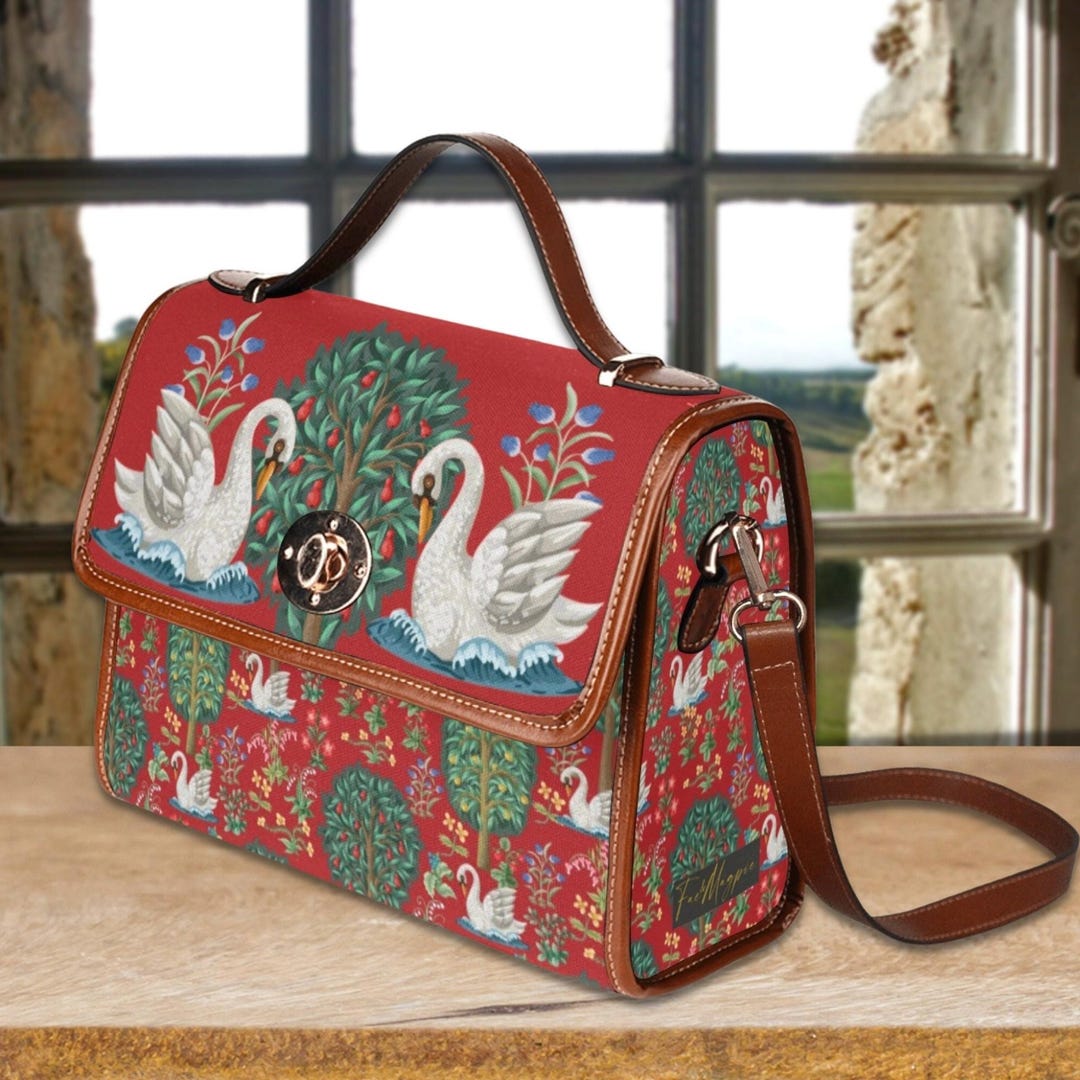 Medieval Swan Red Canvas Satchel Bag, Birds and Flowers Top Handle Bag ...