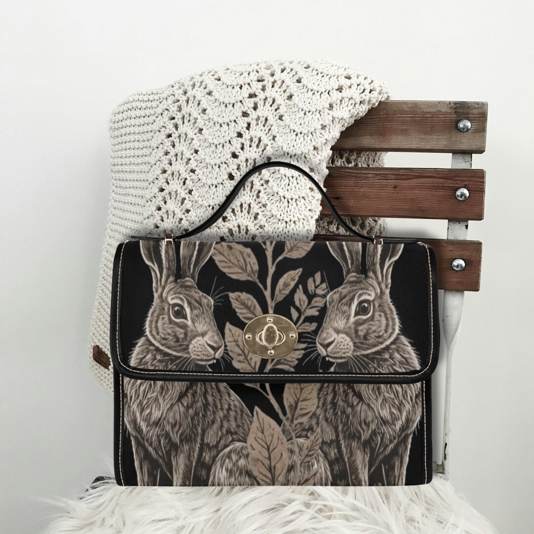Forest Hare Black Canvas Satchel Bag, Forest Women Cottagecore Rabbit ...