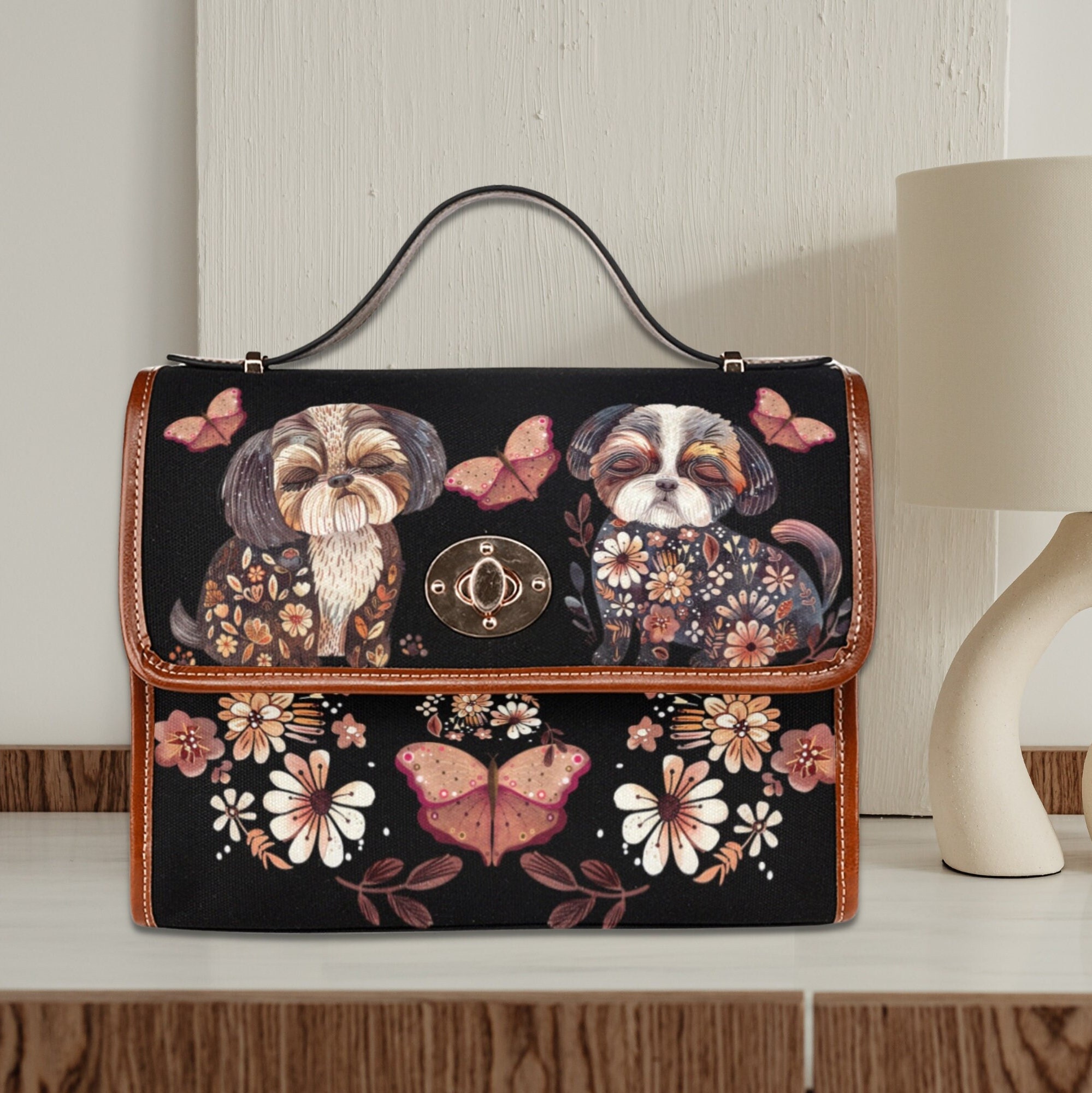 Cute Kawaii Dogs Satchel Handbag Purse, Folk Print Vegan Leather ...