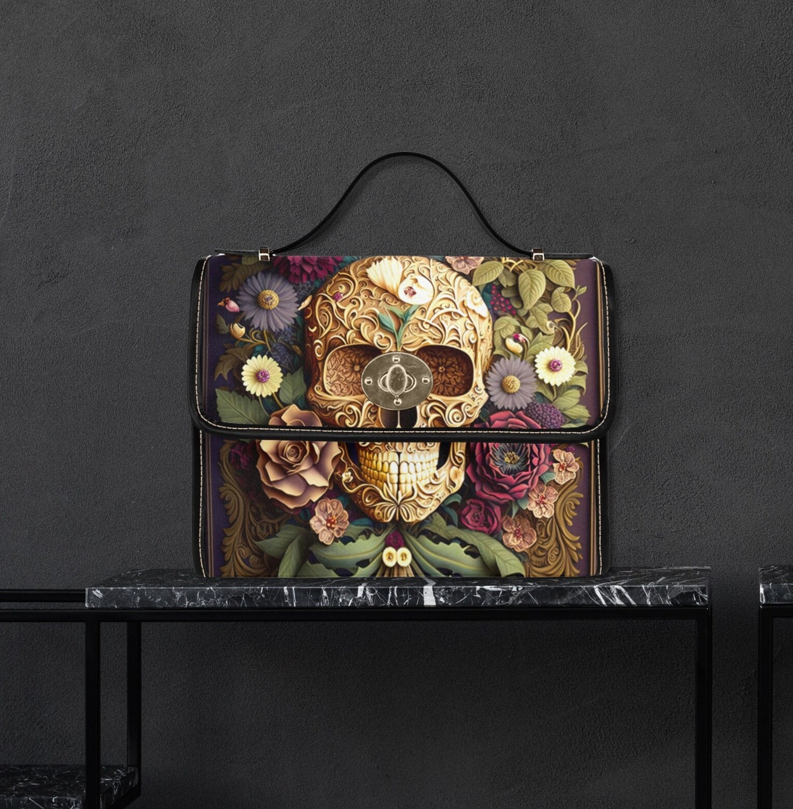 Baroque Skull Purse Gothic Canvas Satchel Bag, Dark Academia, Dark ...