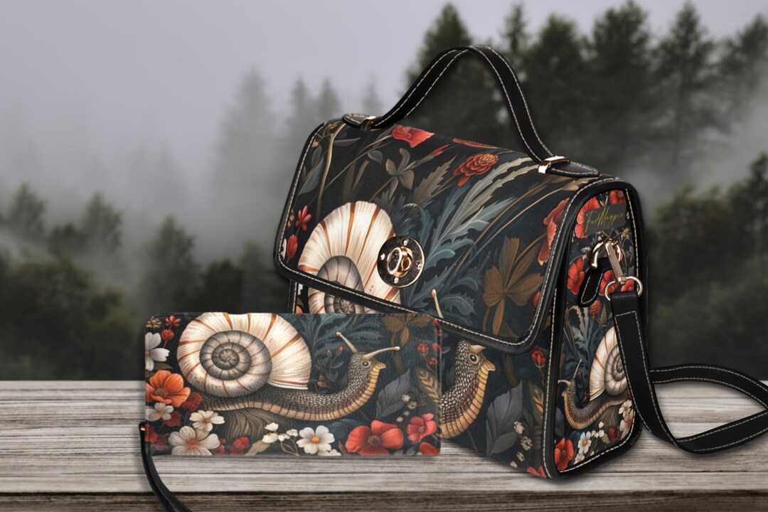 Snail Satchel Bag, Black Top Handle Shoulder Bag, Forestcore Purse Dark ...