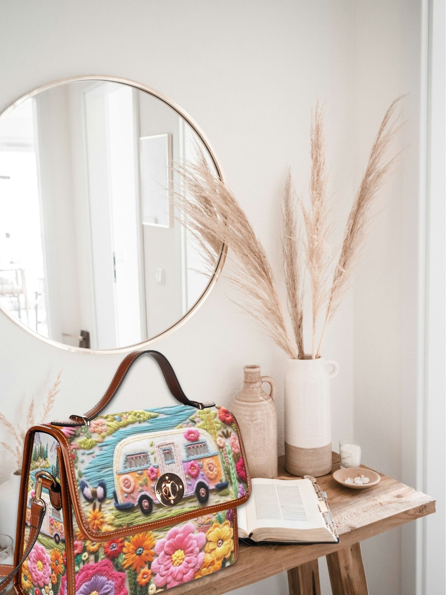 Retro Camper Purse Boho Canvas Satchel Bag, Cute Top Handle Shoulder ...