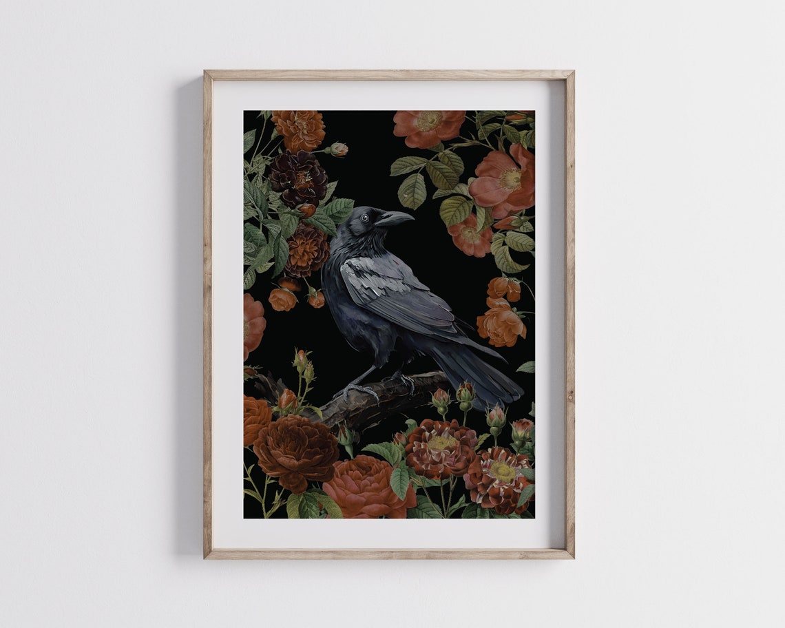 Crow Wall Art, Gothic Roses Home Decor, Raven Botanical Print, Dark ...