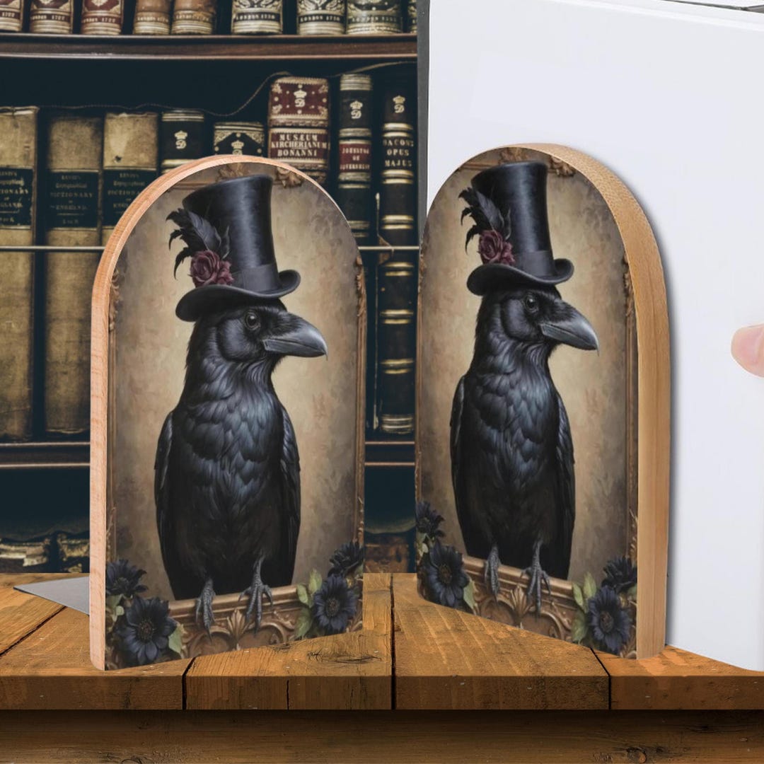 Crow in Top Hat Bookends, Witchy Raven Bookends, Decorative Book Stand ...