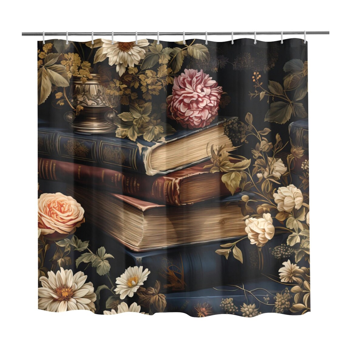 Vintage Books Bath Shower Curtain With C-shaped Hooks 72" X 72", Dark ...