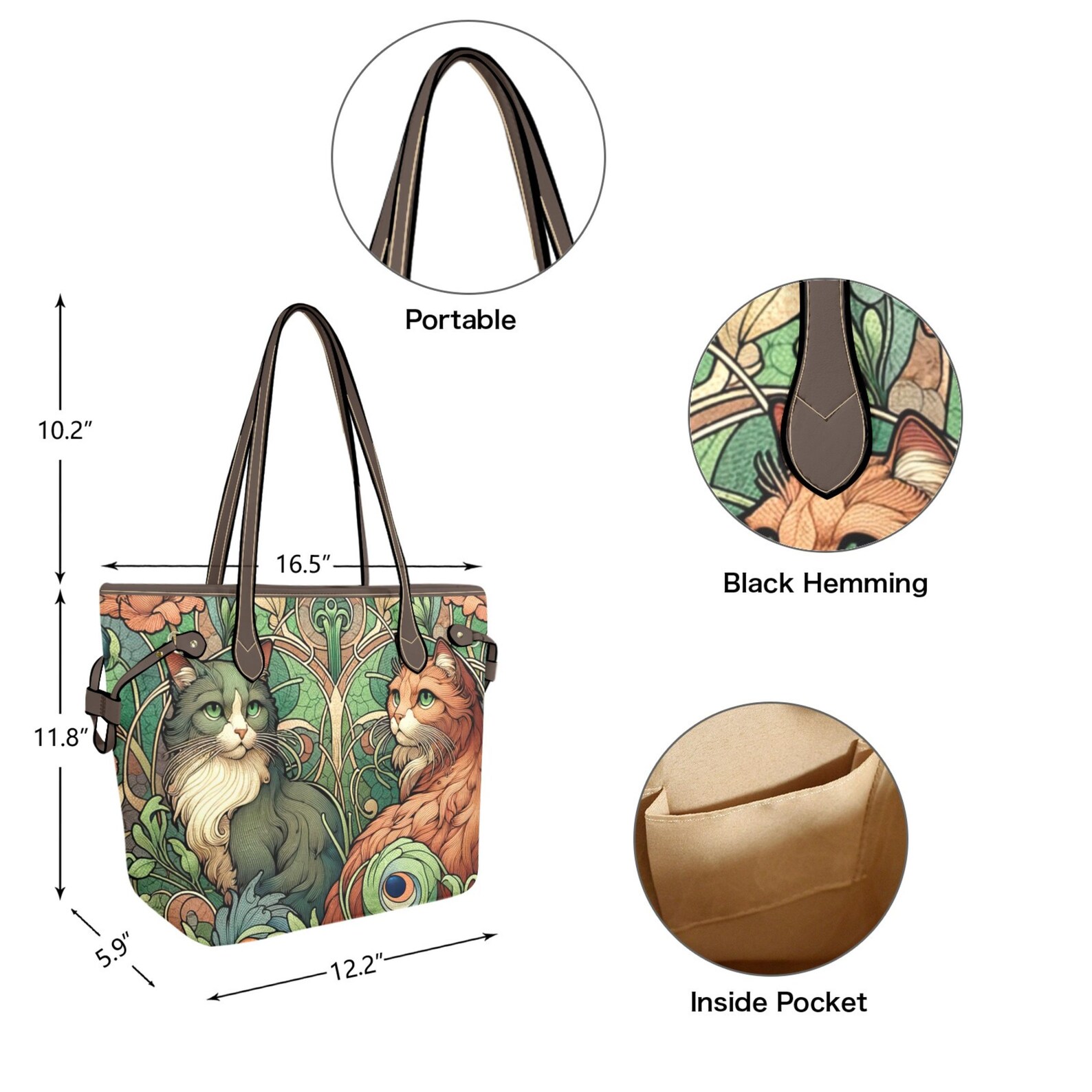 Cottagecore Boho Cats Green Shoulder Bag Purse, Vegan Leather Shoulder ...