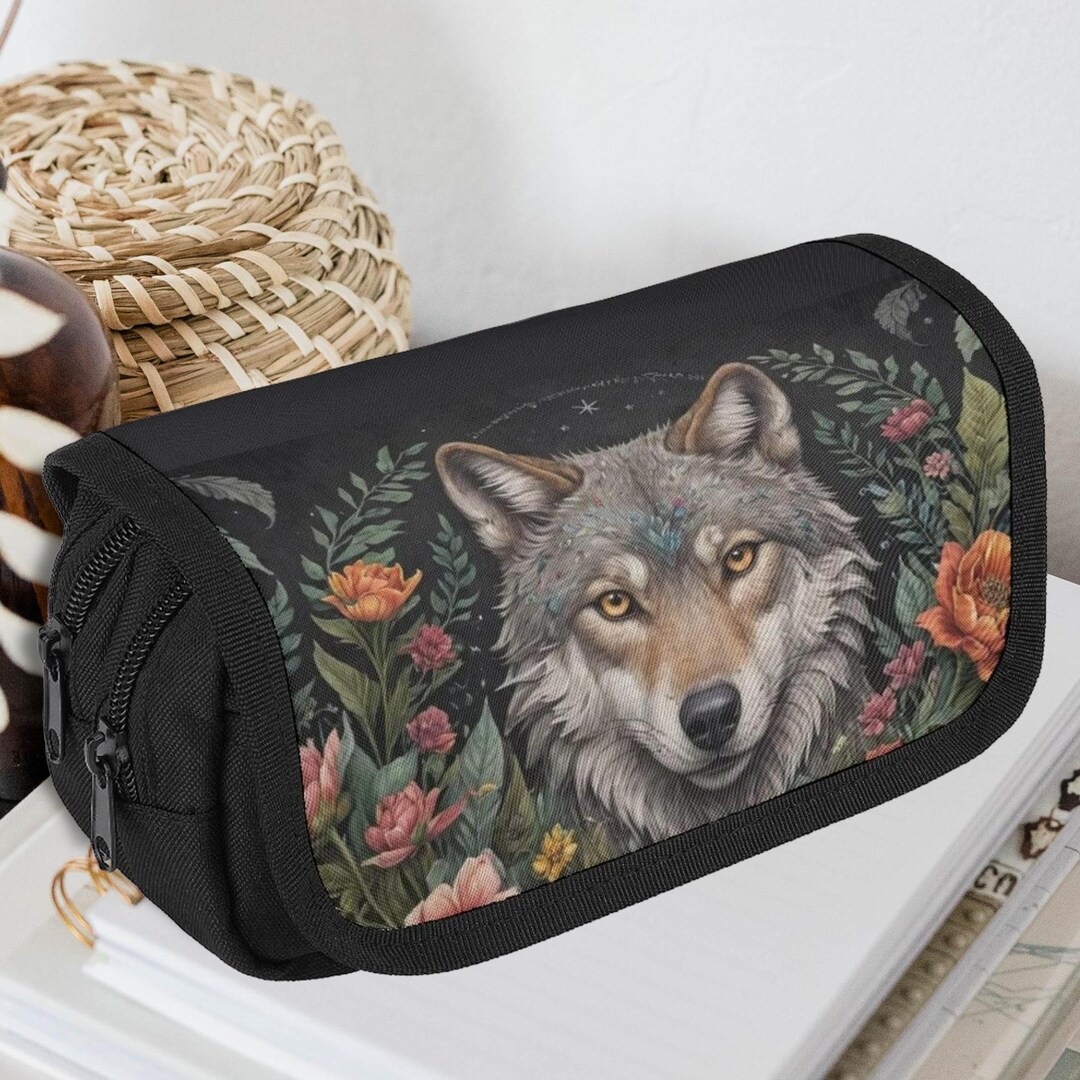 Grey Wolf Floral Stationary Pencil Pouch, Wolf Pencil Case, Nature ...