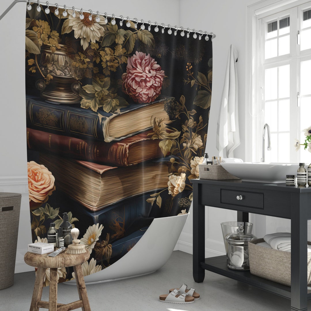 Vintage Books Bath Shower Curtain With C-shaped Hooks 72" X 72", Dark ...