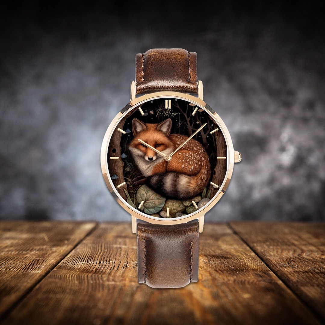 Midnight Fox Watch, Dark Cottagecore Watch, Rose Gold Leather Watch ...
