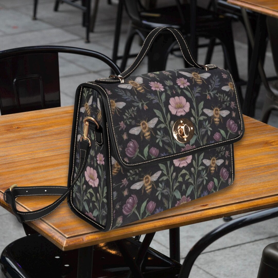 Floral Bees Cottagecore Canvas Satchel Bag, Bee Top Handle Shoulder Bag ...
