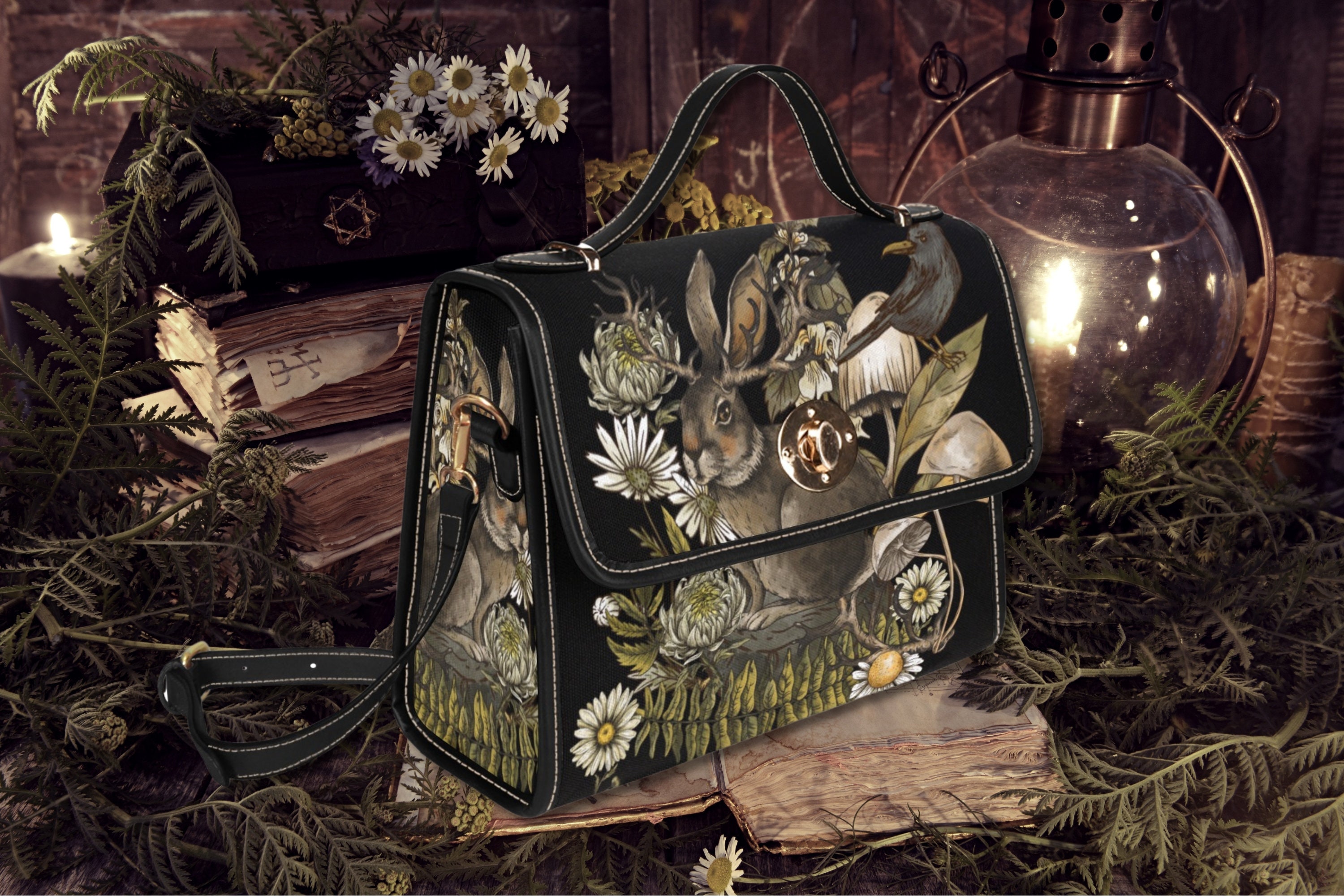 Forest Witch Black Canvas Satchel Bag, Forest Women Cottagecore Crossed ...
