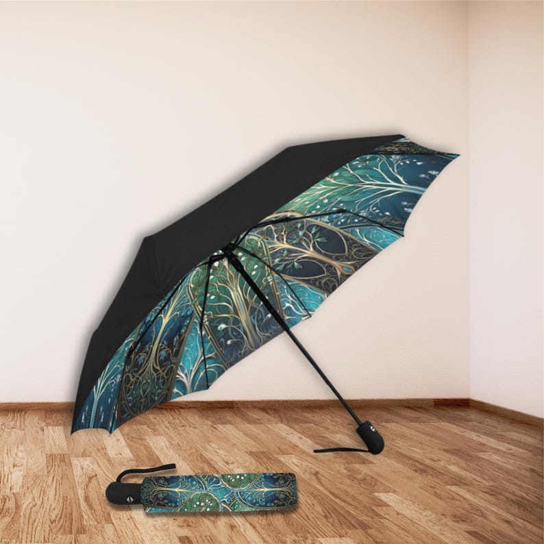 Tree of Life Umbrella Automatic Green Blue and Gold Witchy Umbrella ...
