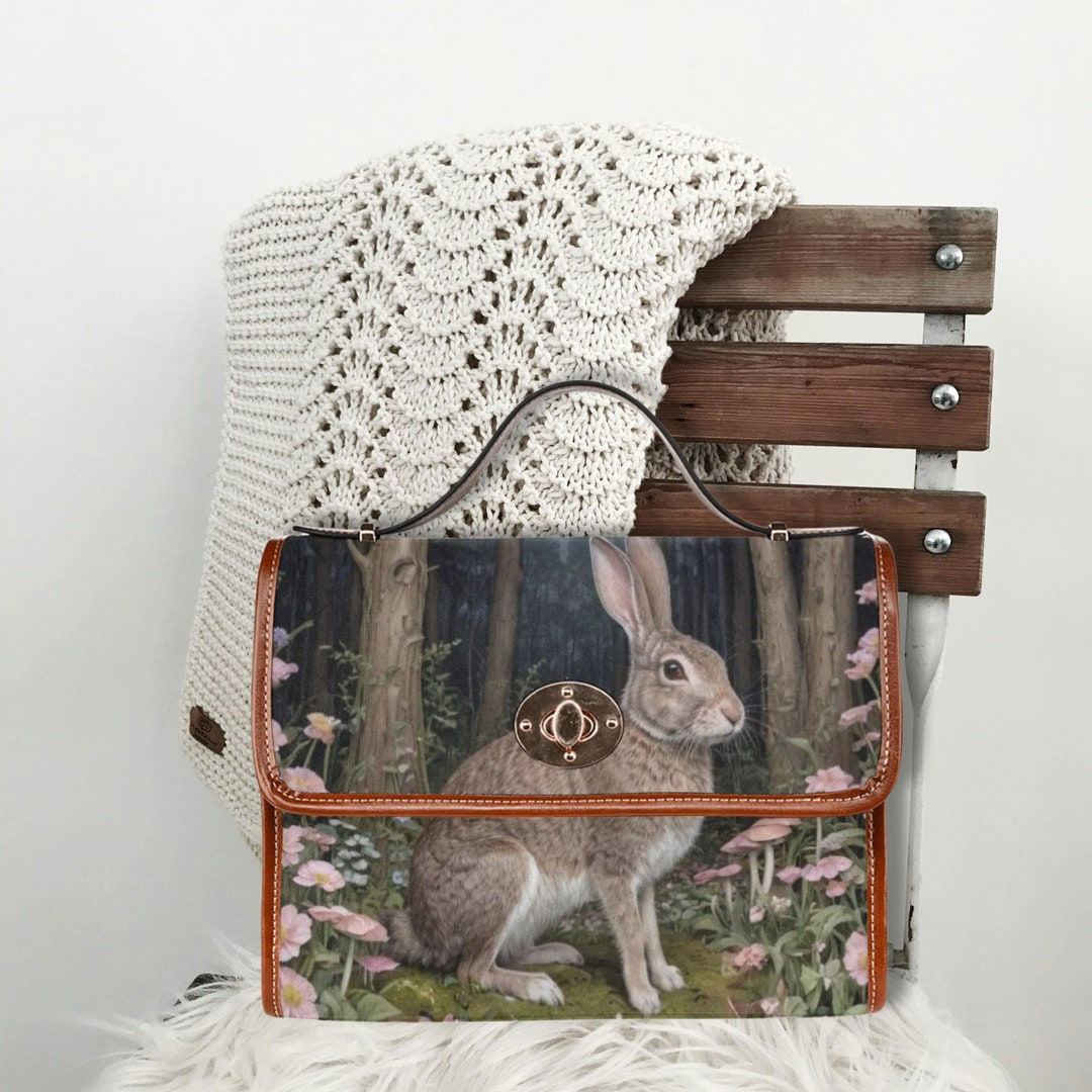 Forest Hare Cottagecore Canvas Satchel Bag, Grey Hare Bag, Top Handle ...