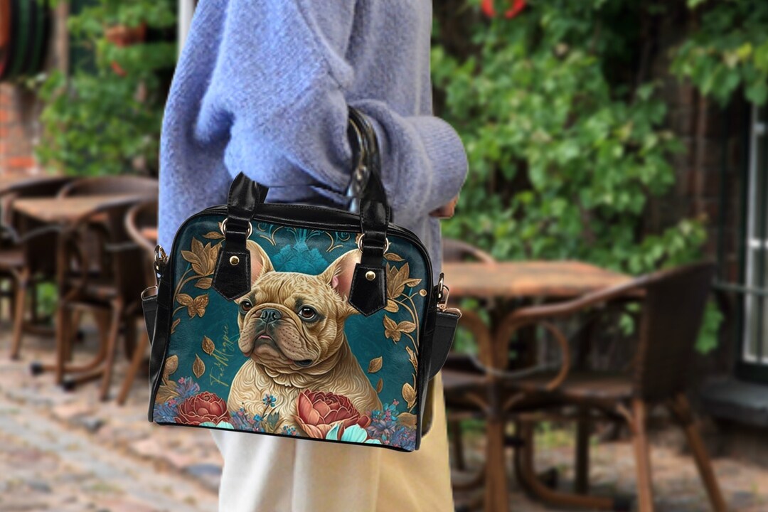 Frenchie Dog Teal Bowler Bag Purse, French Bulldog Blue Bag, Floral Top ...