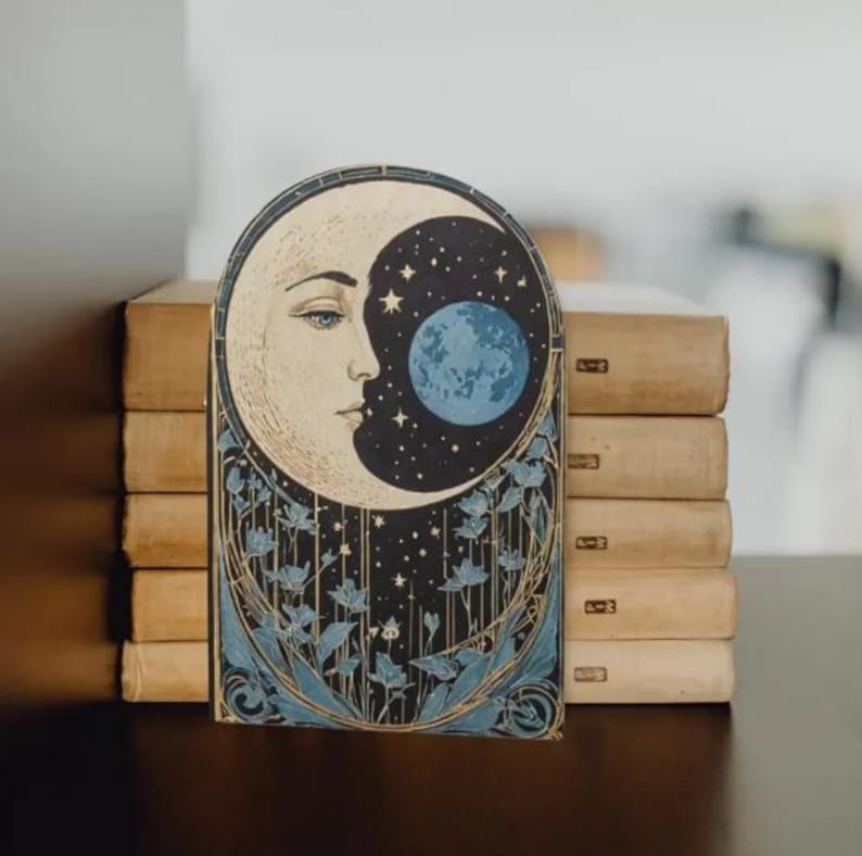 Blue Moon Art Deco Bookends, Celestial Office Decor - Etsy