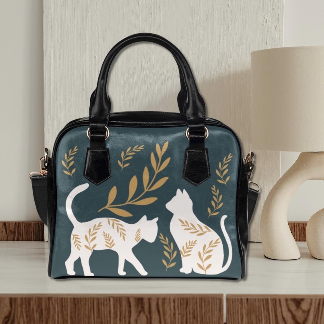 White Cats Teal Bowler Bag, Cute Cats Blue Bag, Top Handle Bag With ...