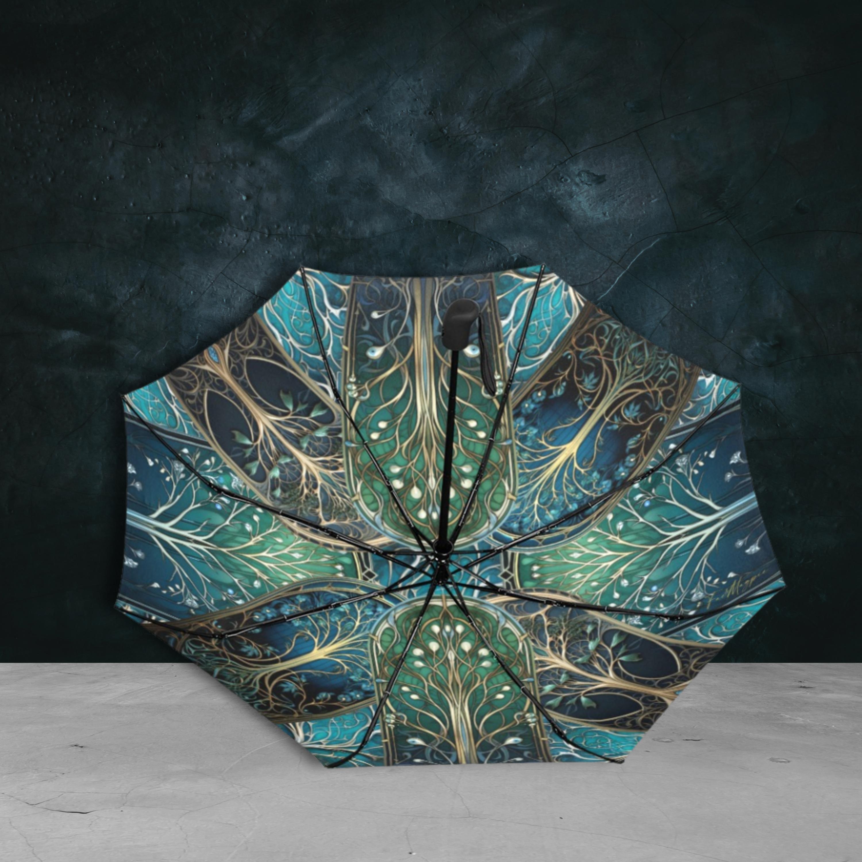 Tree of Life Umbrella Automatic Green Blue and Gold Witchy Umbrella ...