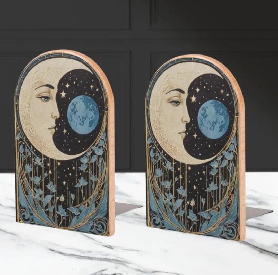 Blue Moon Art Deco Bookends, Celestial Office Decor - Etsy