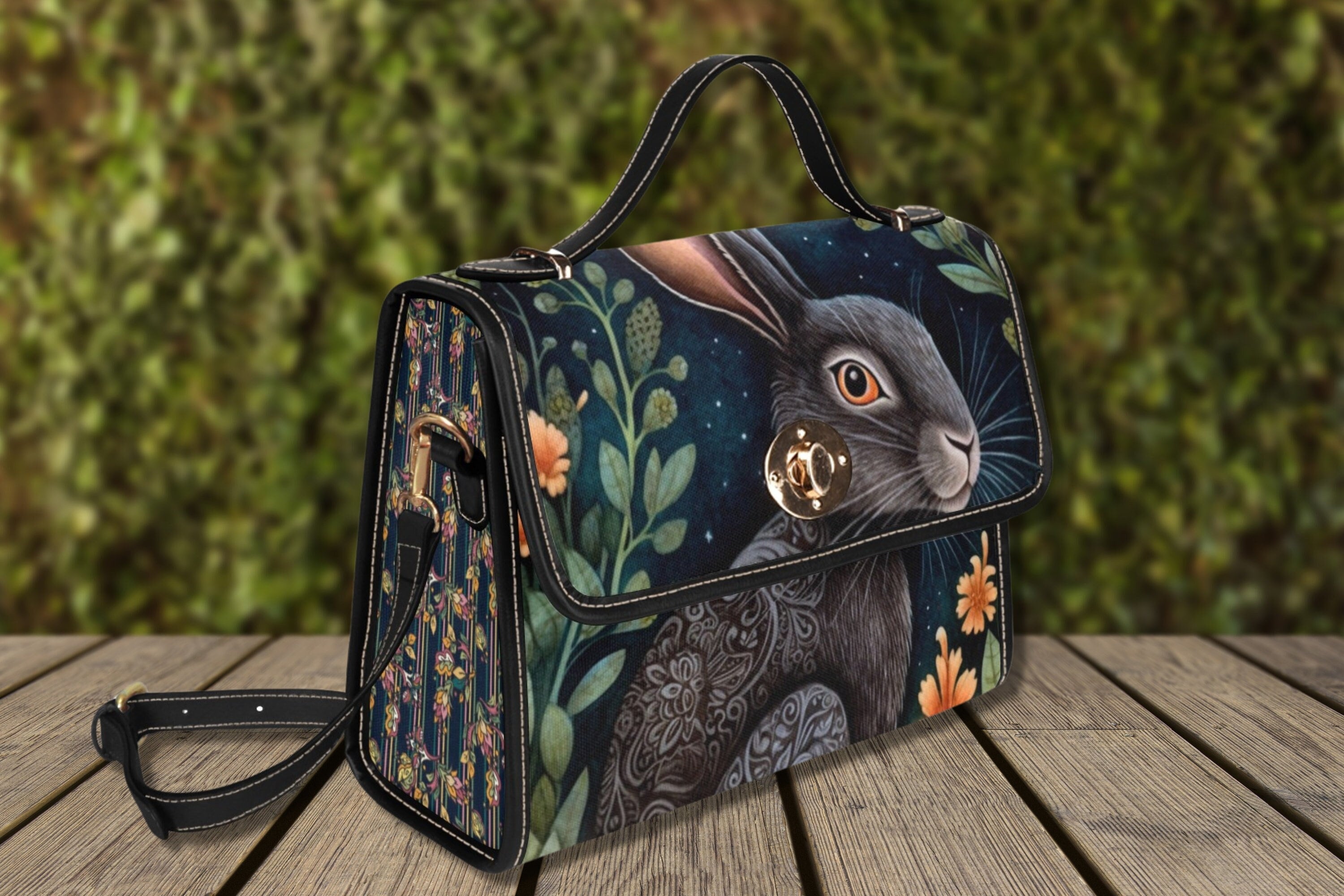 Midnight Hare Dark Cottagecore Canvas Satchel Bag, Black Hare Bag, Top ...
