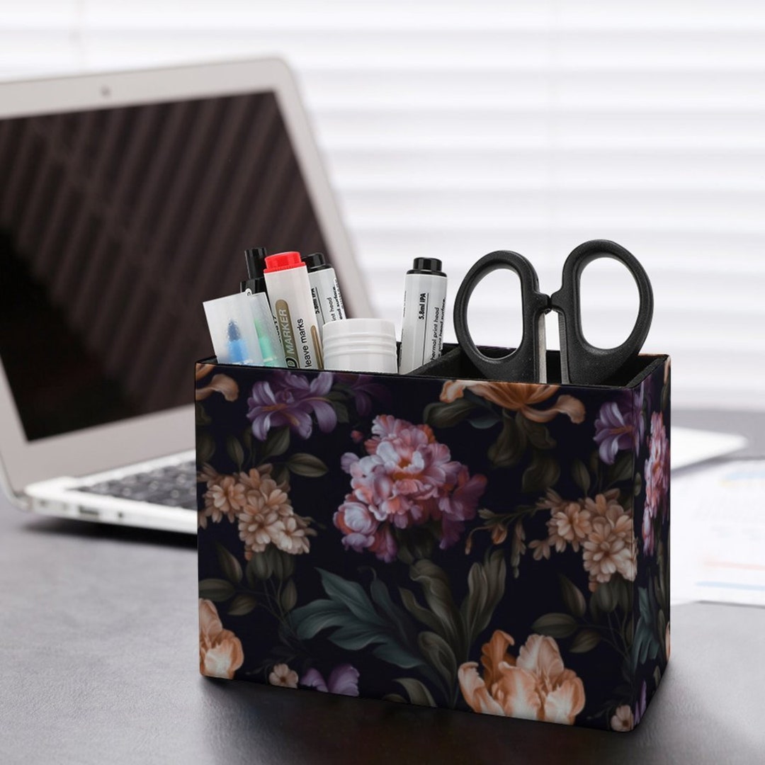 Baroque Floral Desk Tidy, Pu Leather Pen Holder, Cottagecore Office ...