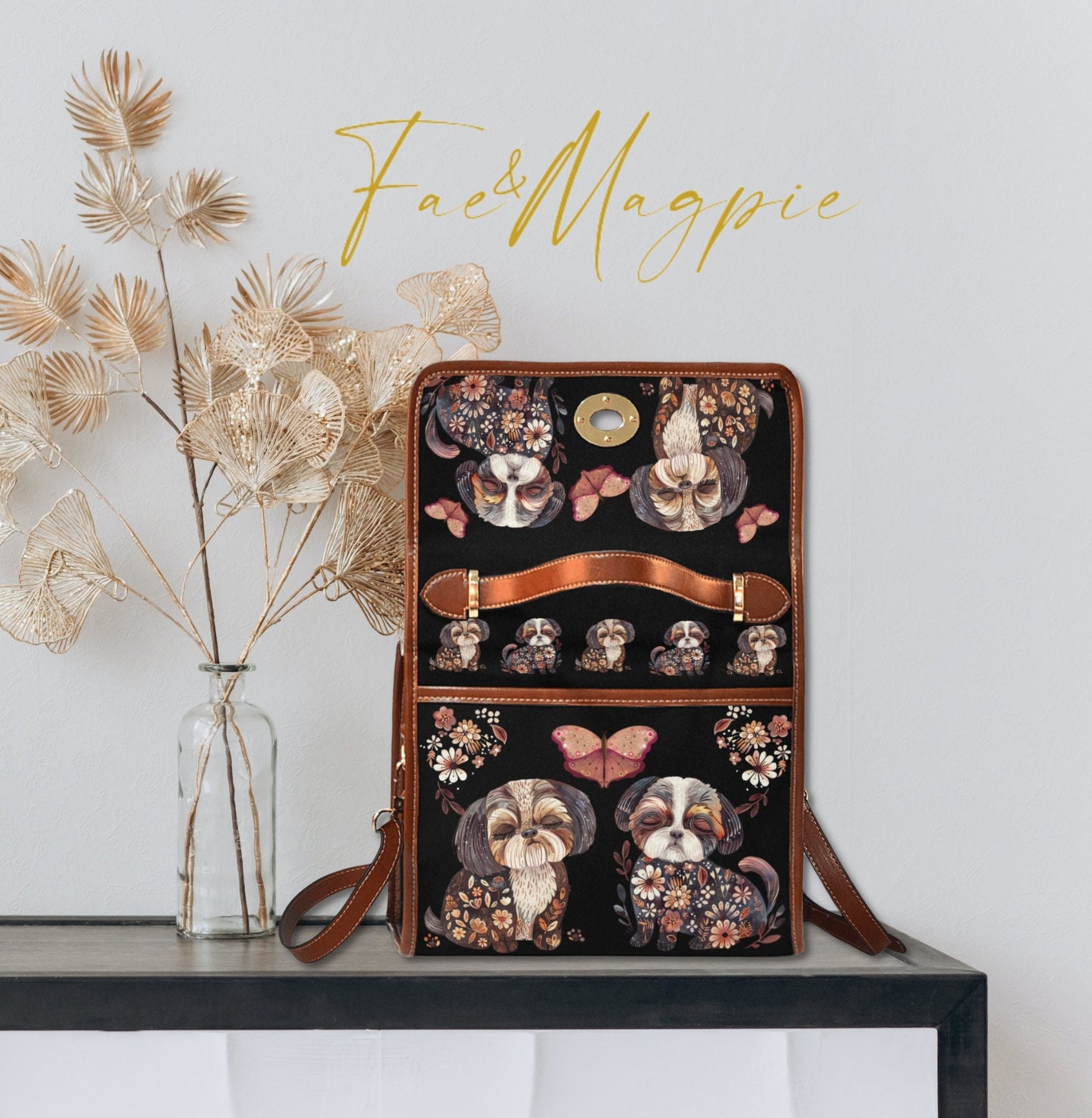 Cute Kawaii Dogs Satchel Handbag Purse, Folk Print Vegan Leather ...