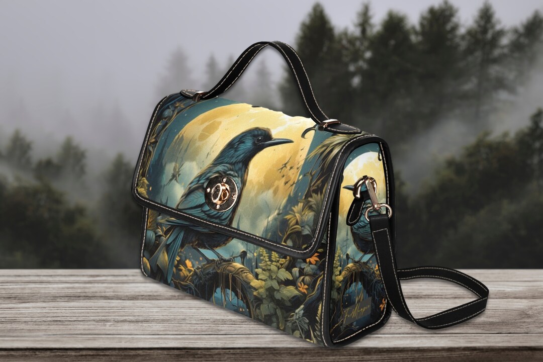 Moon Bird Mystical Canvas Satchel Bag, Witchy Raven Top Handle Shoulder ...