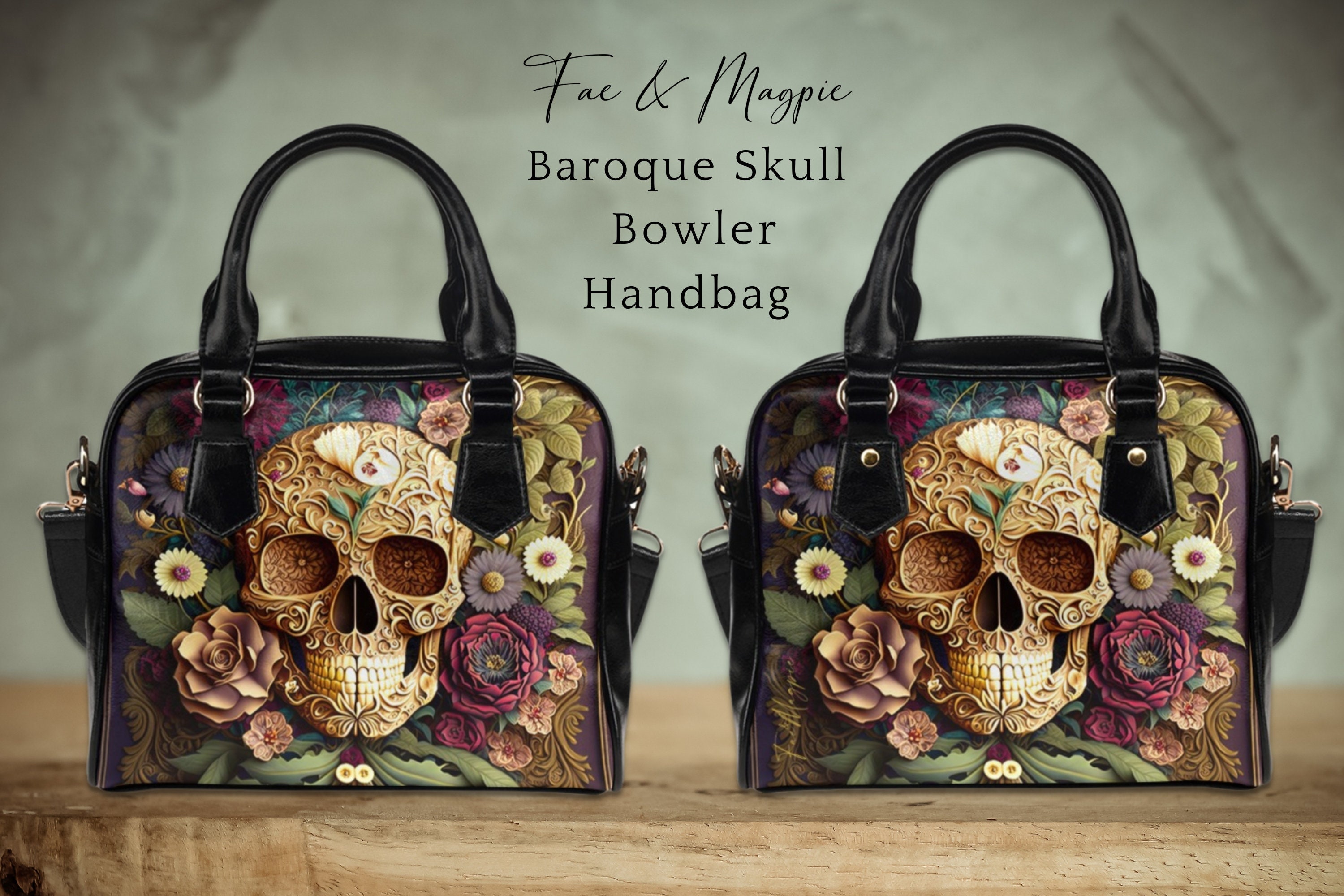 Baroque Skull Bowler Handbag, Gothic Top Handle Bag With Shoulder Strap ...