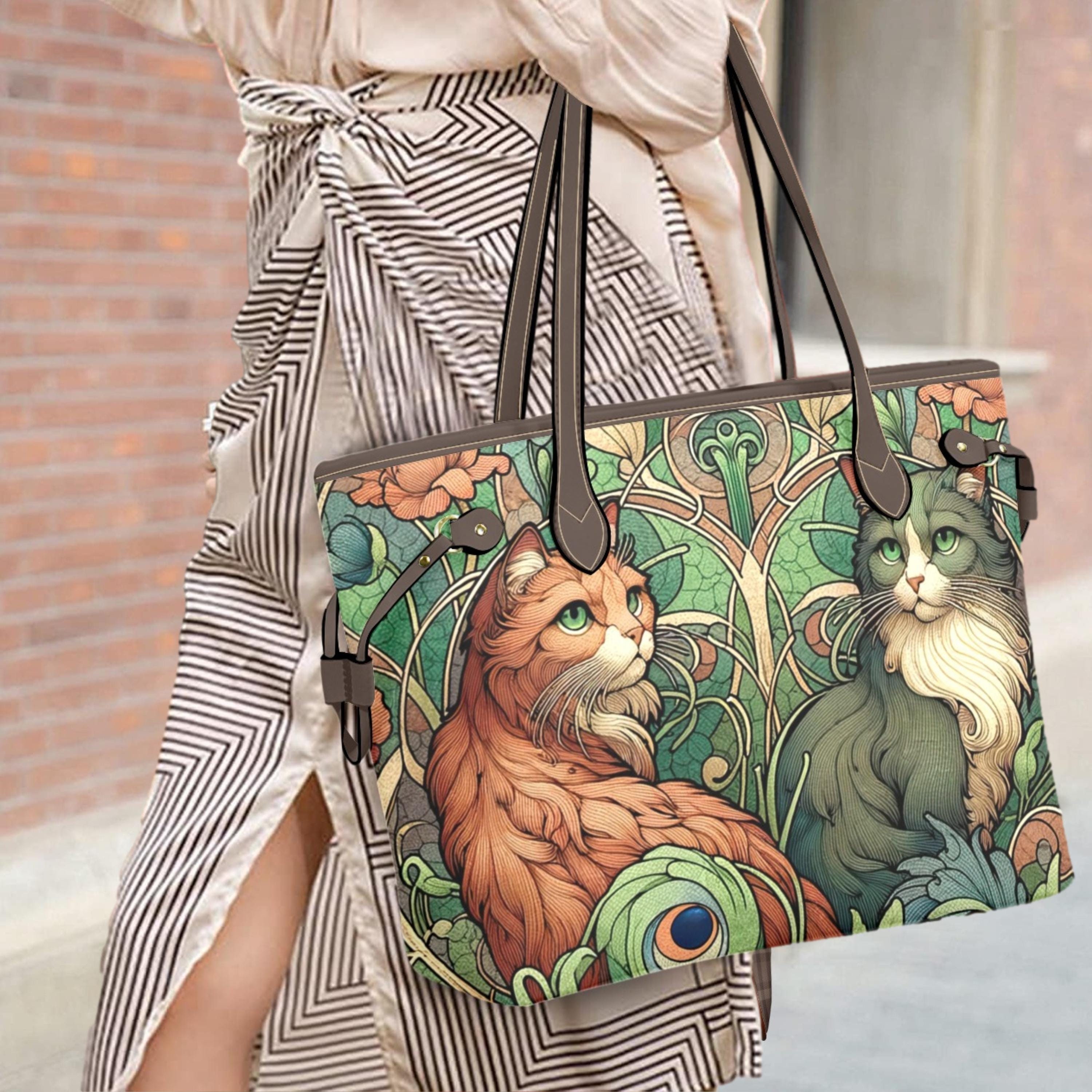 Cottagecore Boho Cats Green Shoulder Bag Purse, Vegan Leather Shoulder ...
