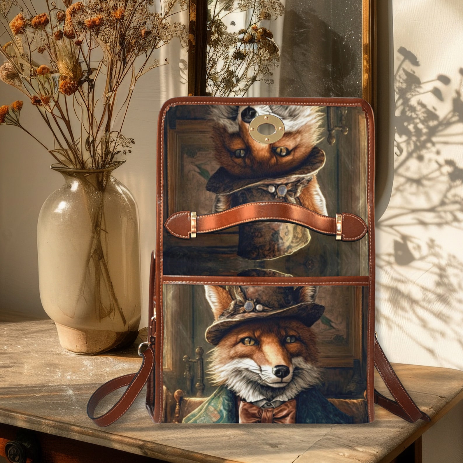 Gentleman Fox Brown Canvas Satchel Bag, Cottagecore Top Handle Bag With ...