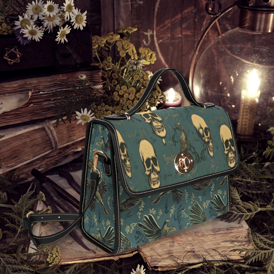 Skull Crow Blue Gothic Canvas Satchel Bag, Dark Academia, Dark ...