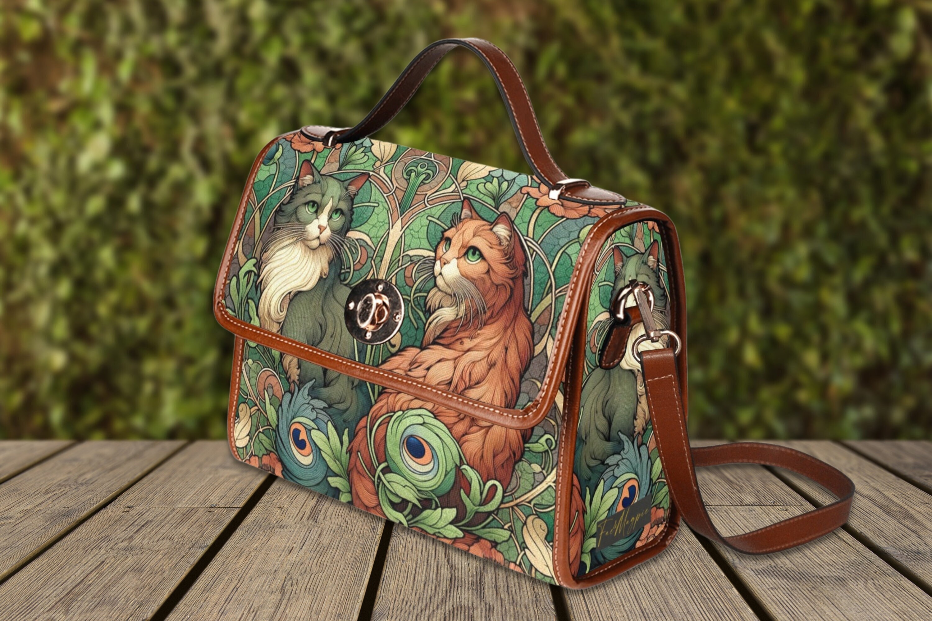 Cottagecore Boho Cats Green Satchel Handbag, Witchy Cat Bag, Ginger Cat ...