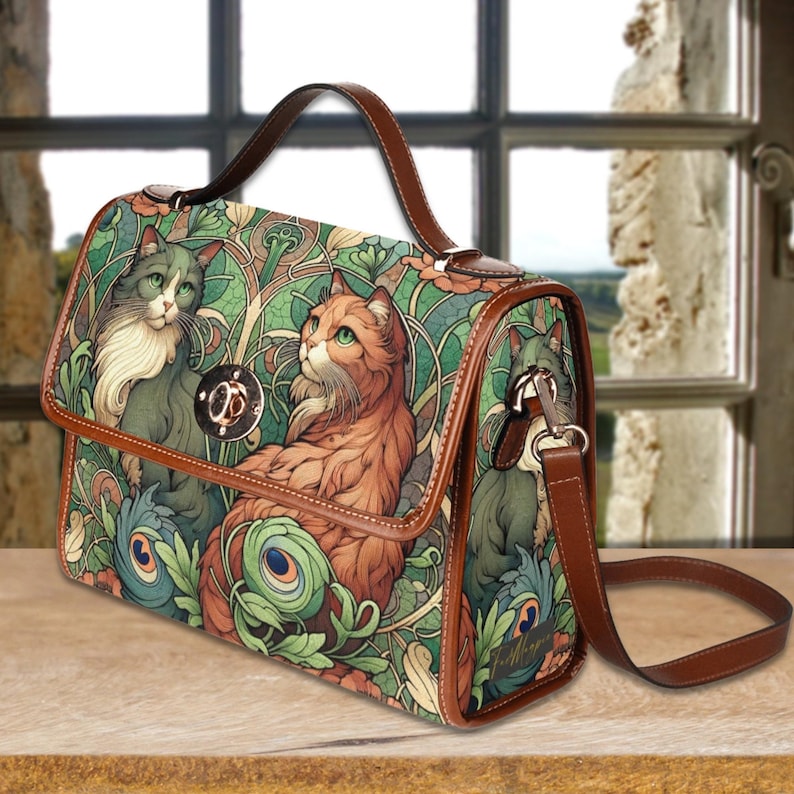 Cottagecore Boho Cats Green Satchel Handbag, Witchy Cat Bag, Ginger Cat ...
