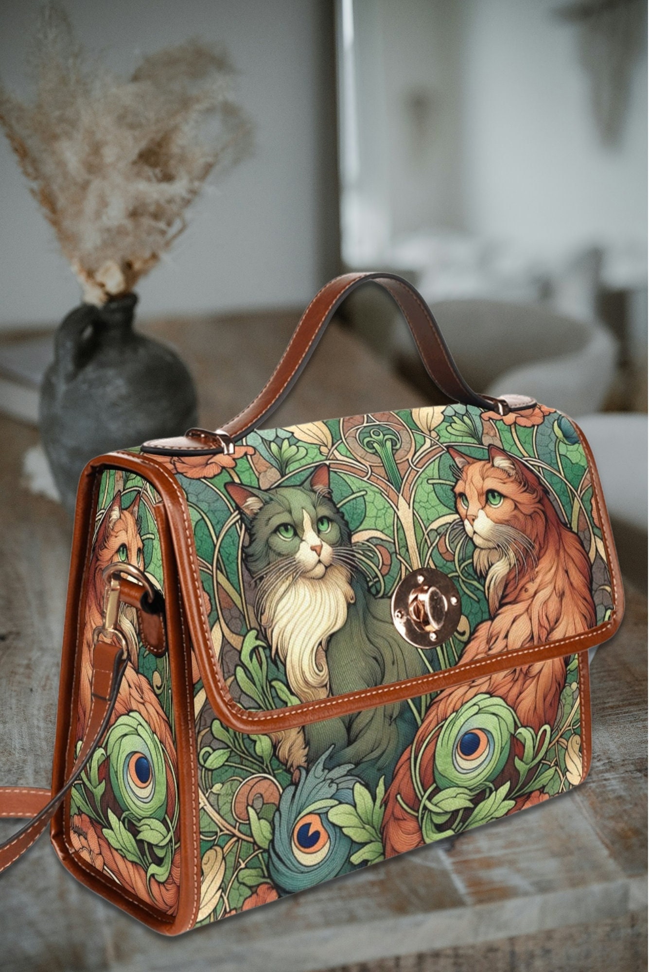 Cottagecore Boho Cats Green Satchel Handbag, Witchy Cat Bag, Ginger Cat ...