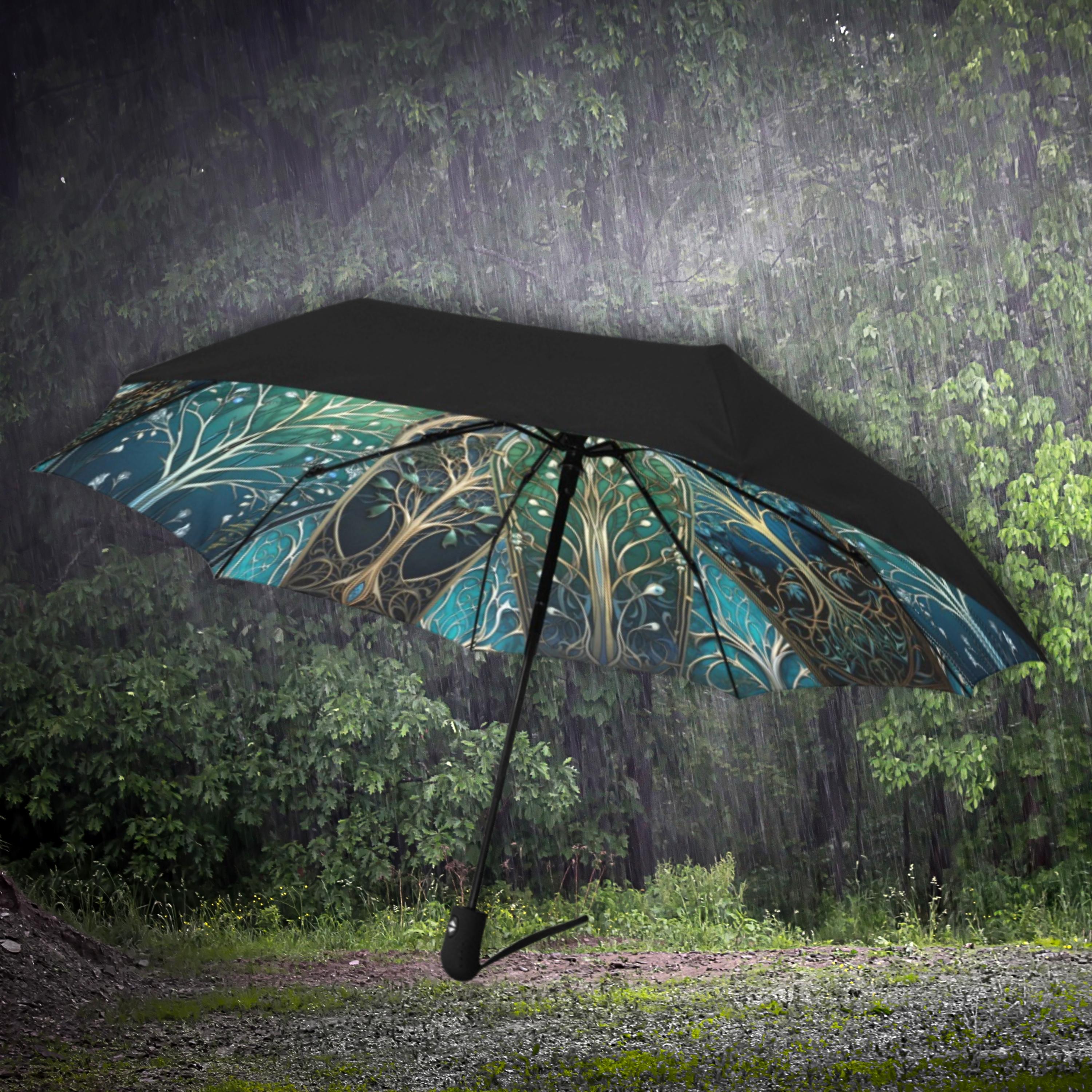 Tree of Life Umbrella Automatic Green Blue and Gold Witchy Umbrella ...