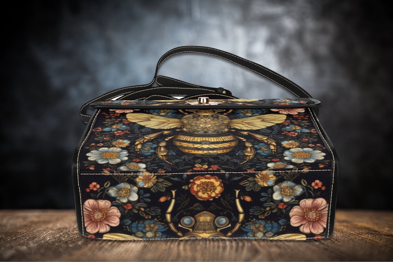 Bee Floral Canvas Satchel Bag, Cottagecore Crossbody, Vegan Leather ...