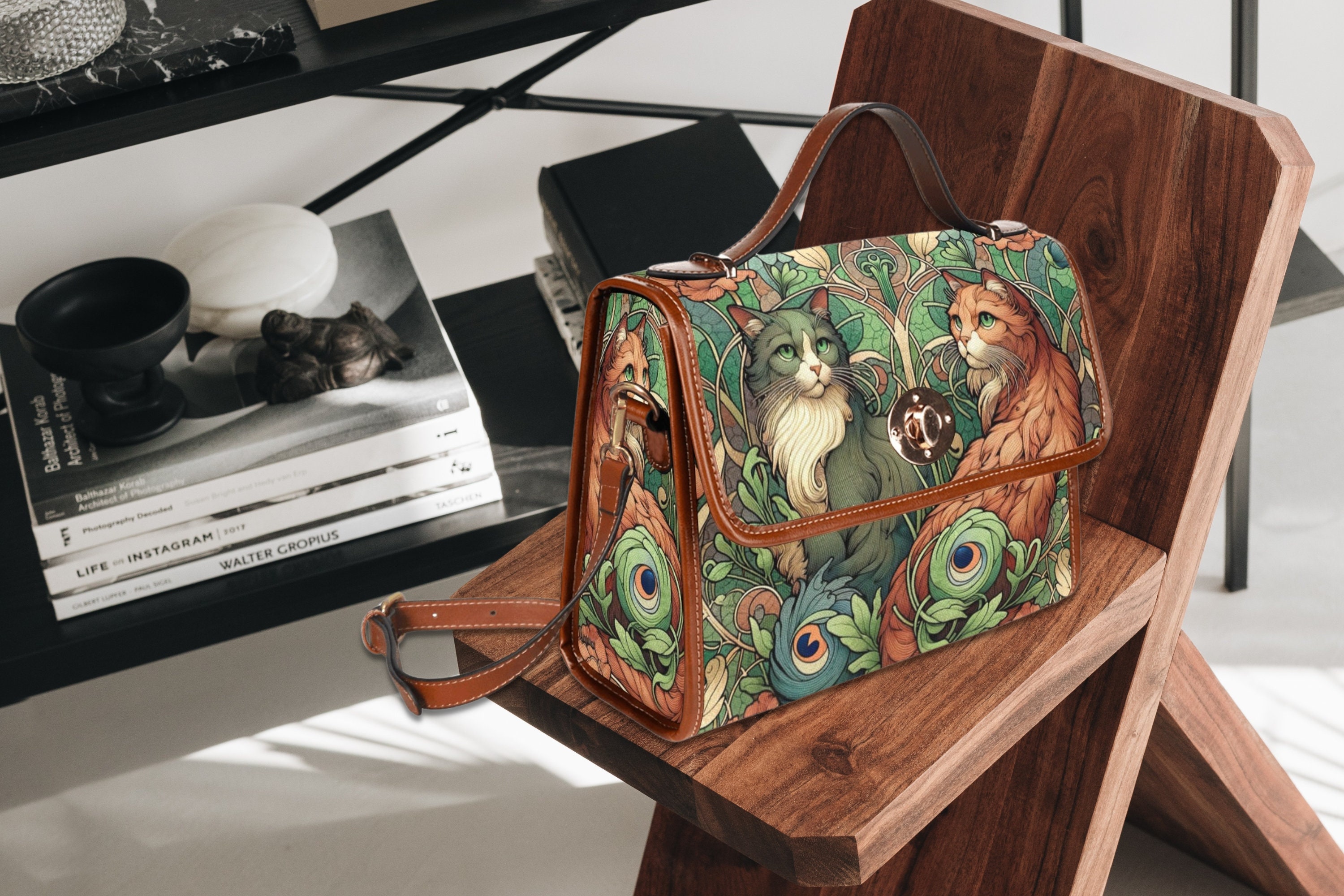 Cottagecore Boho Cats Green Satchel Handbag, Witchy Cat Bag, Ginger Cat ...