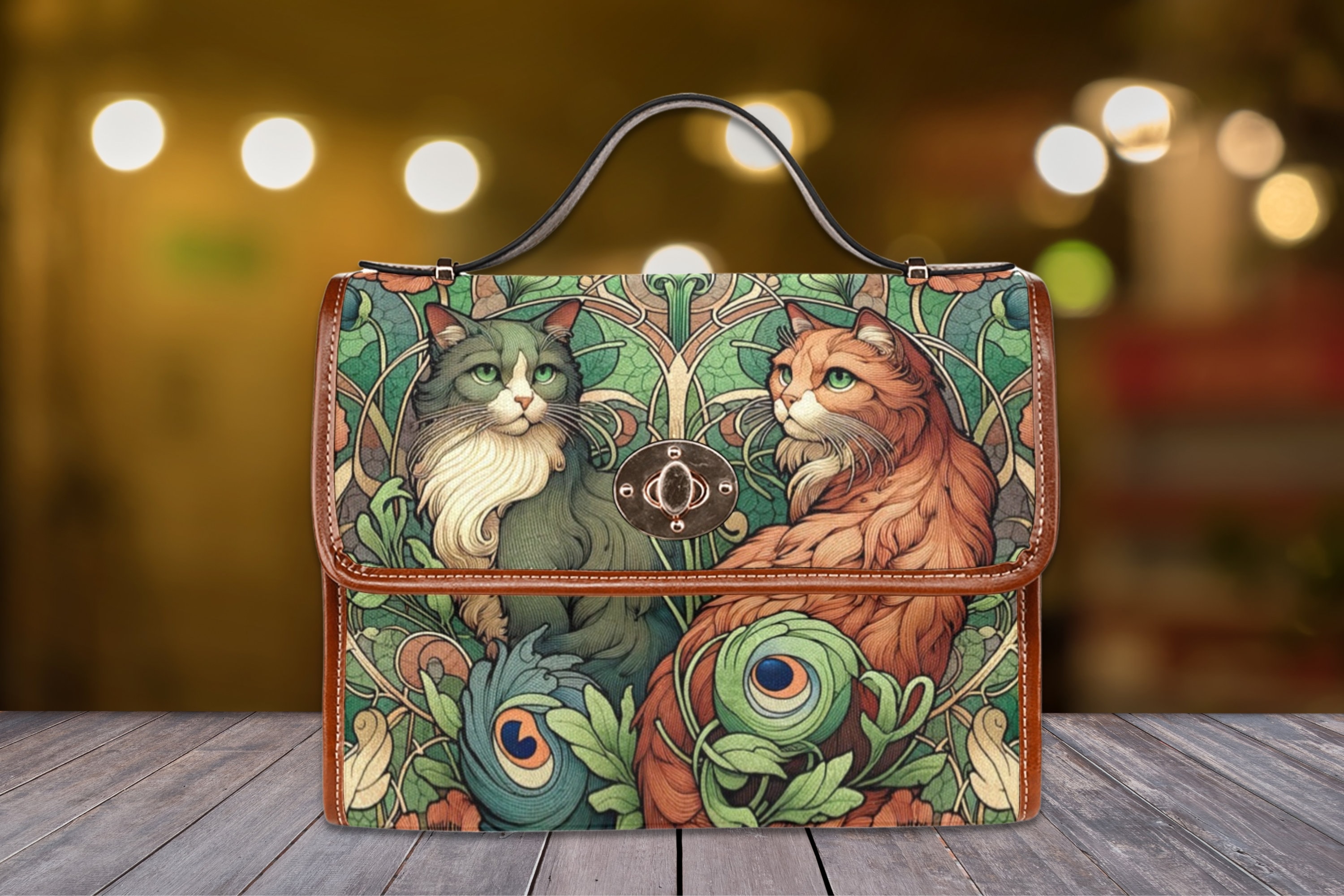 Cottagecore Boho Cats Green Satchel Handbag, Witchy Cat Bag, Ginger Cat ...