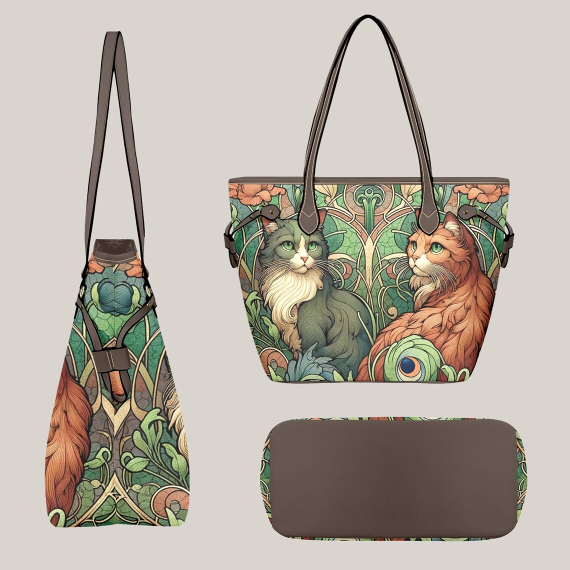 Cottagecore Boho Cats Green Shoulder Bag Purse, Vegan Leather Shoulder ...