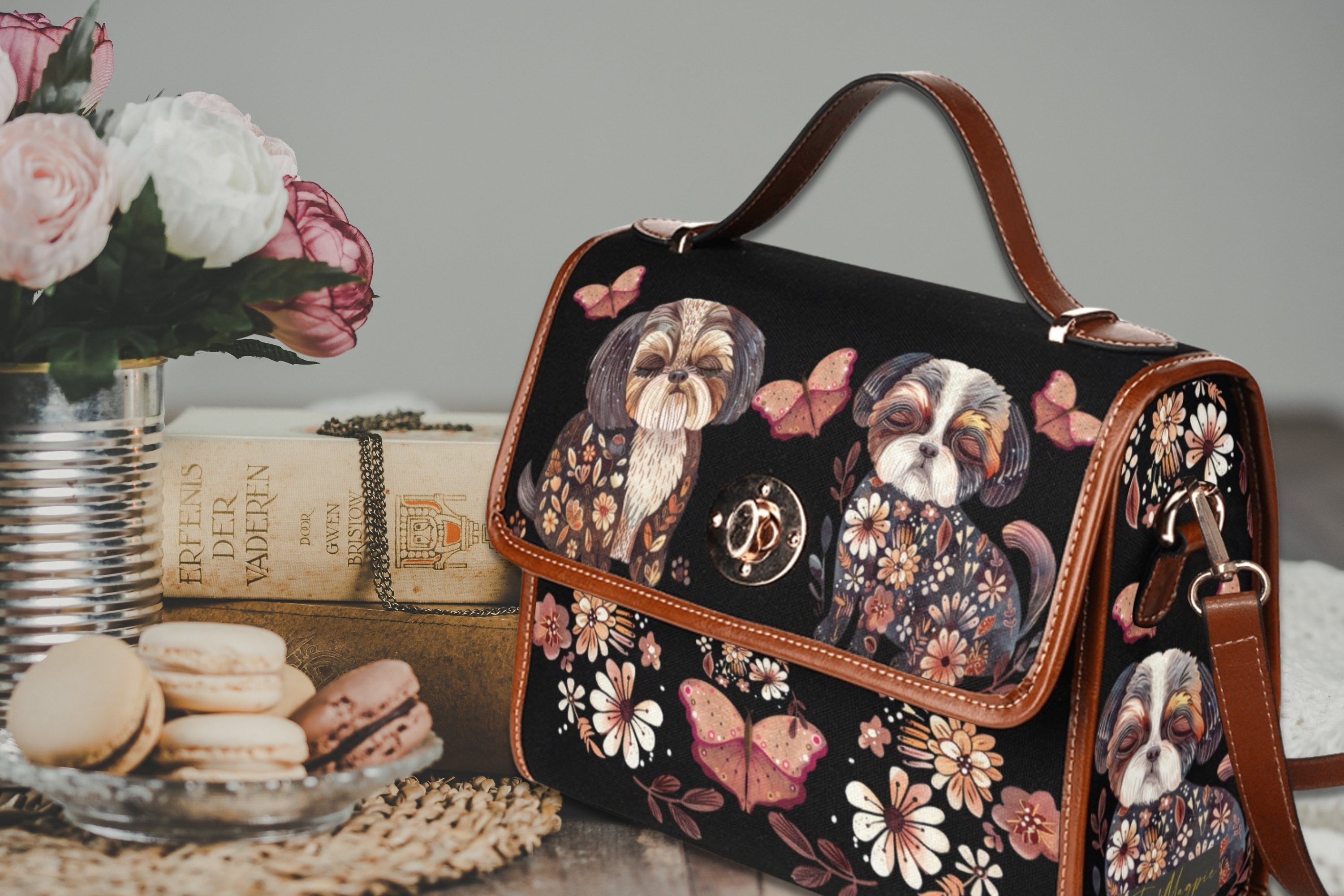 Cute Kawaii Dogs Satchel Handbag Purse, Folk Print Vegan Leather ...