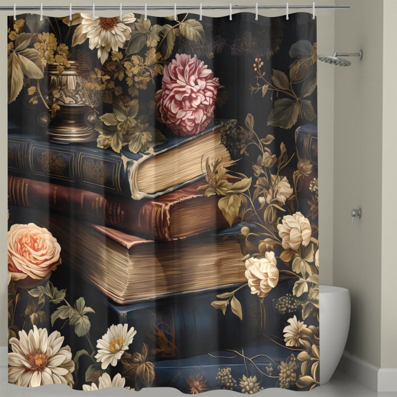 Vintage Books Bath Shower Curtain With C-shaped Hooks 72" X 72", Dark ...