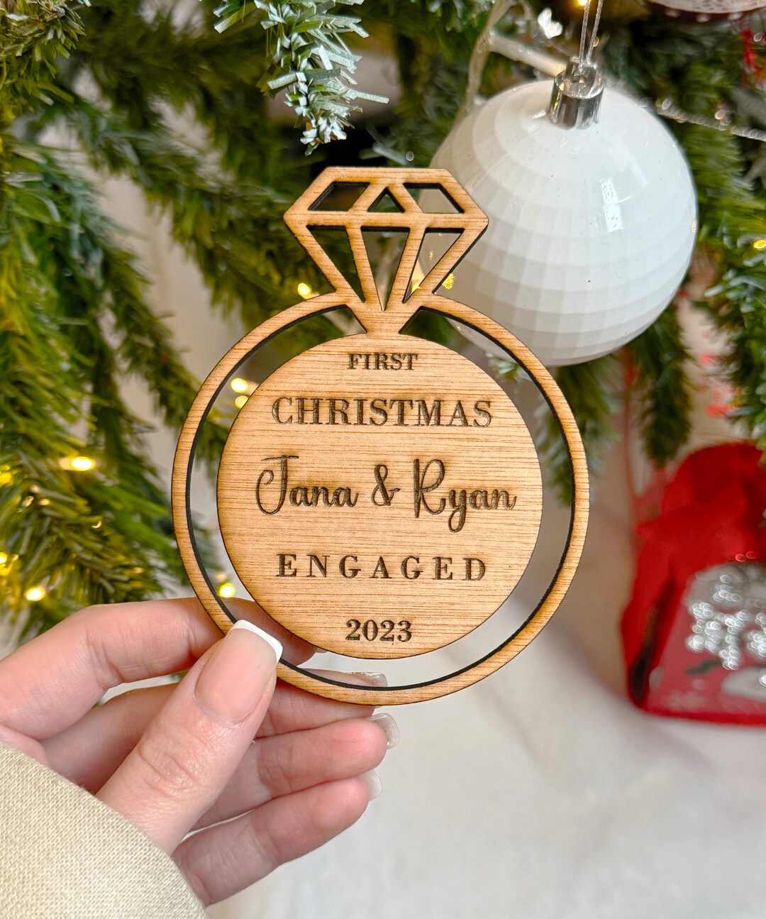Personalised Wooden First Christmas Engaged Ornament | Custom Bauble ...