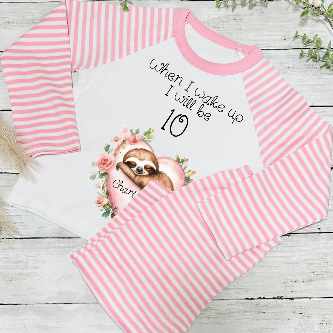 Sloth Birthday Pyjamas | Cute Girls Personalised Pjs | Name & Age Kids ...
