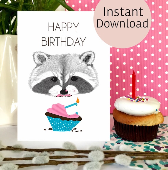 Raccoon Happy Birthday Printable Birthday Card Instant | Etsy