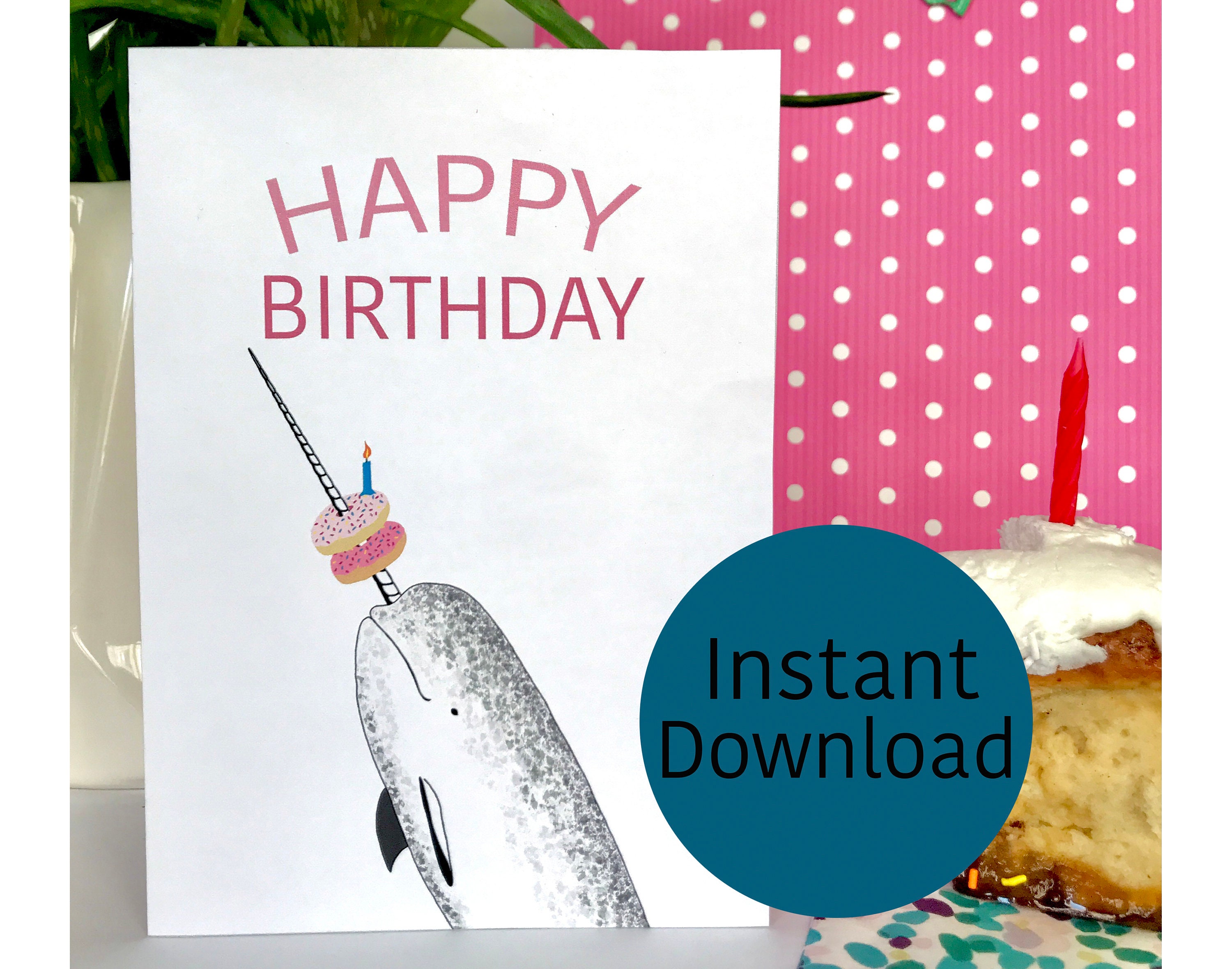 Narwhal - Happy Birthday - Printable Birthday Card, Instant Download ...