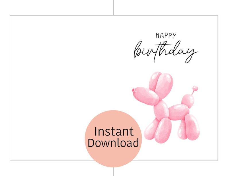Pink Balloon Dog Birthday Card – Printable With Envelope (instant ...