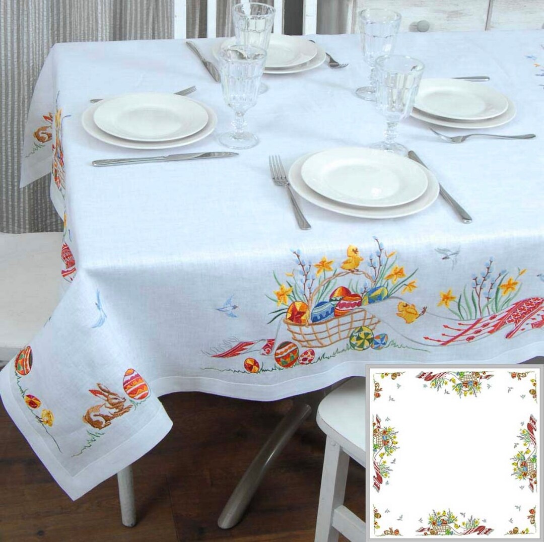 Elegant Handmade White Linen Easter Tablecloth 140x140cm Festive ...