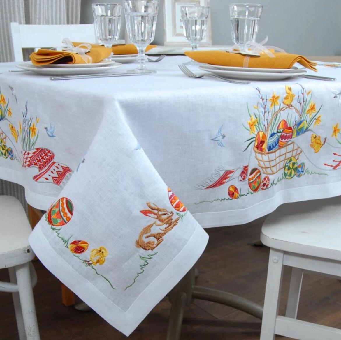 Elegant Handmade White Linen Easter Tablecloth 140x140cm Festive ...
